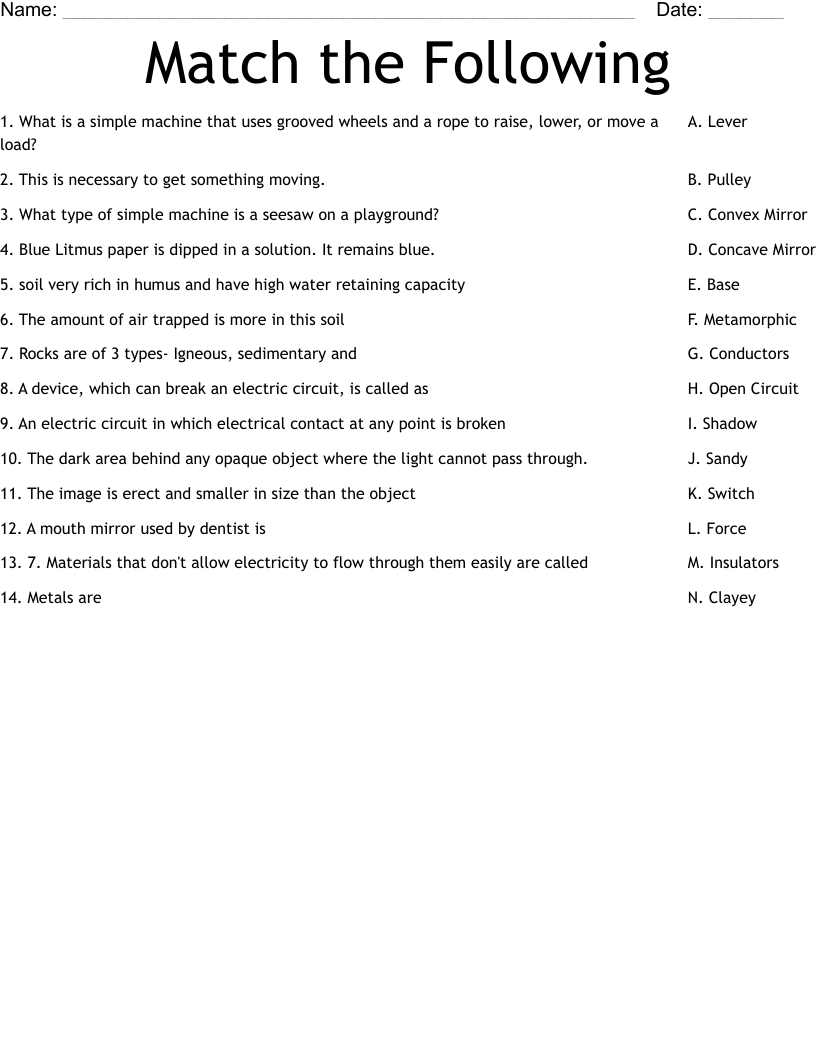 Match the Following Worksheet - WordMint