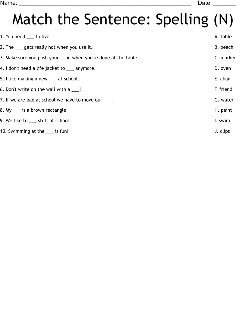 Match the Sentence: Spelling (N) Worksheet - WordMint