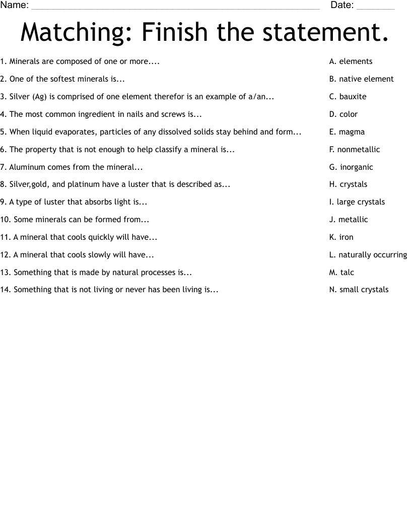 Matching: Finish the statement. Worksheet - WordMint