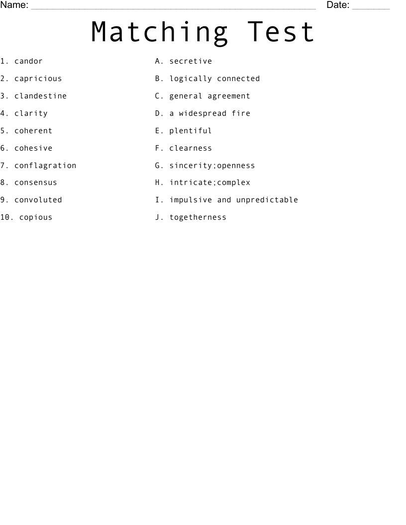 Matching Test Worksheet WordMint