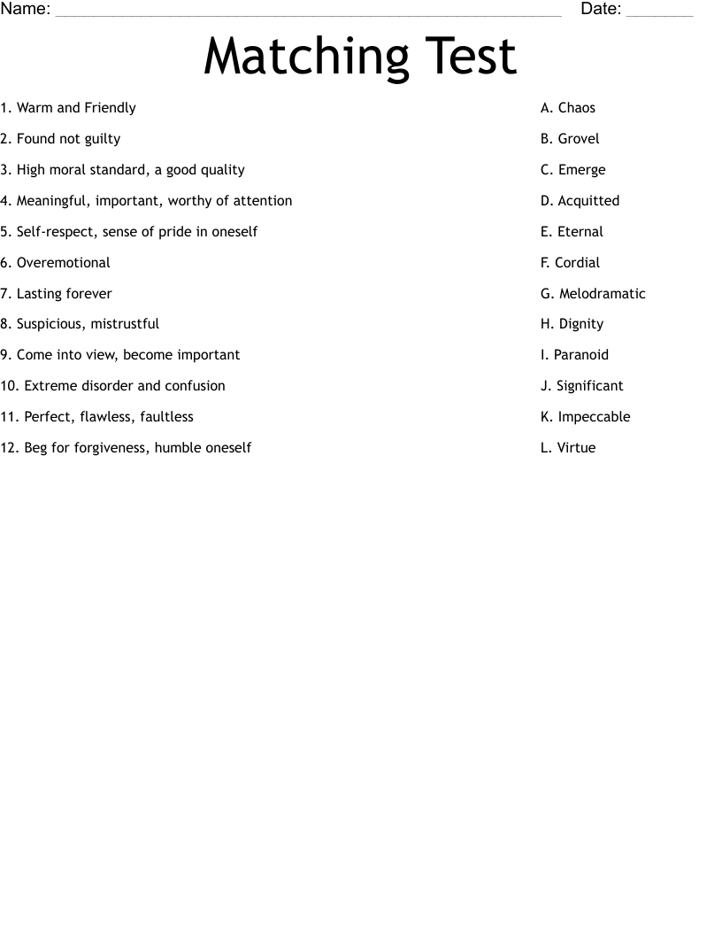 Matching Quiz Template Word
