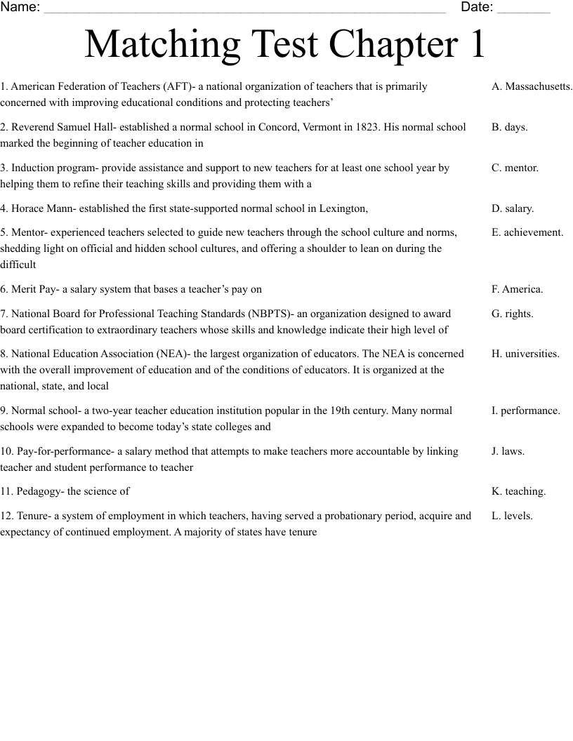 Matching Test Chapter 1 Worksheet - WordMint