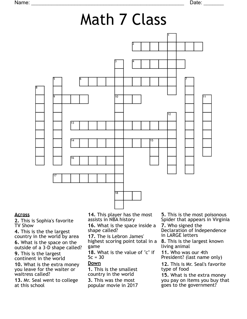 Math 7 Class Crossword - WordMint
