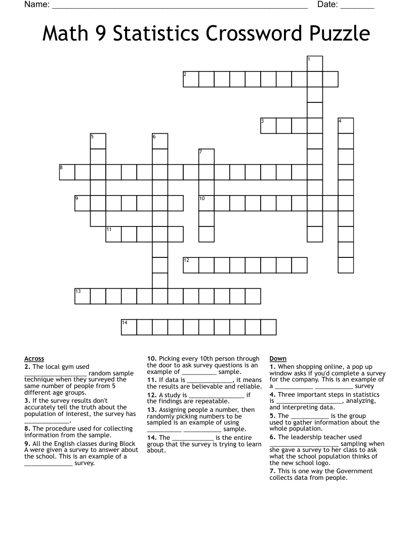 Math 9 Statistics Crossword Puzzle WordMint