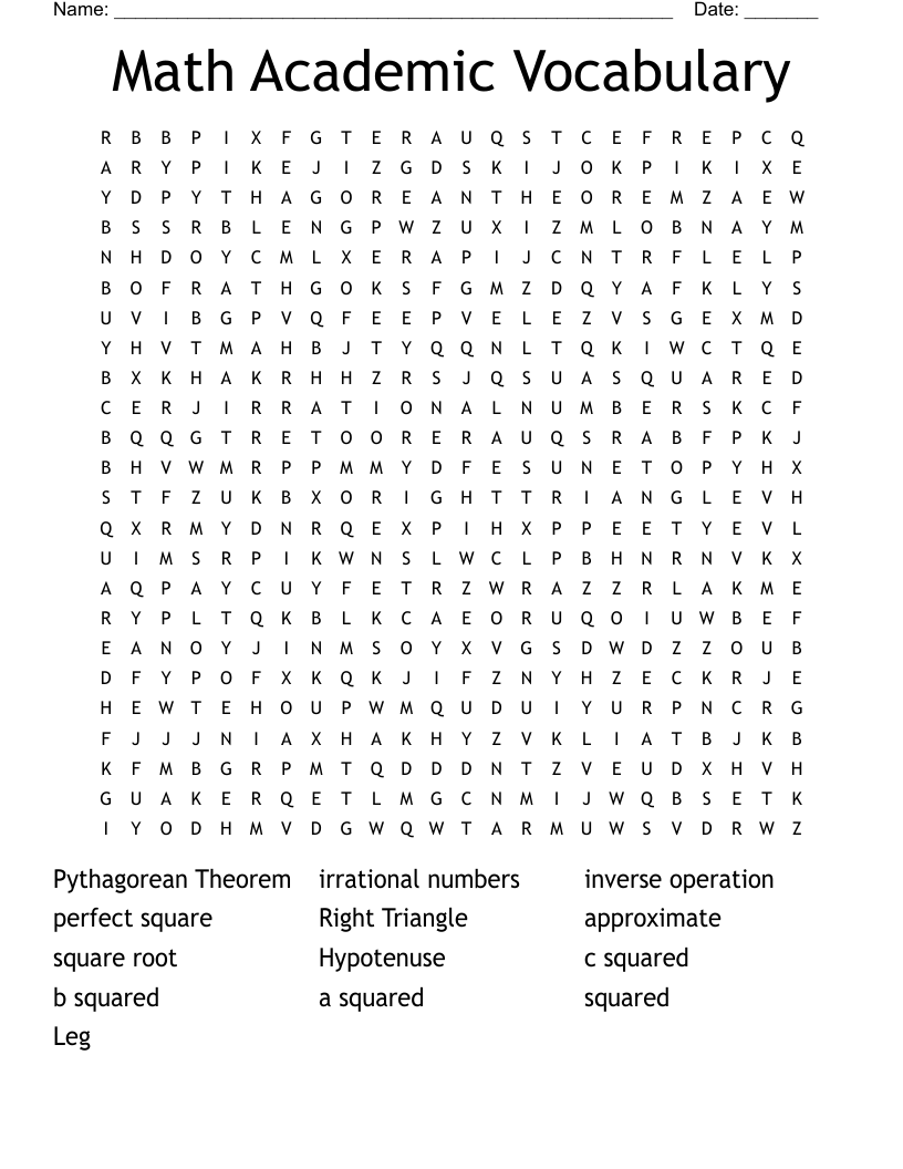 Math Academic Vocabulary Word Search - WordMint