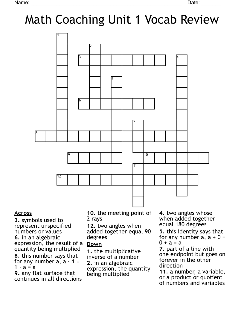 Math Coaching Unit 1 Vocab Review Crossword - WordMint