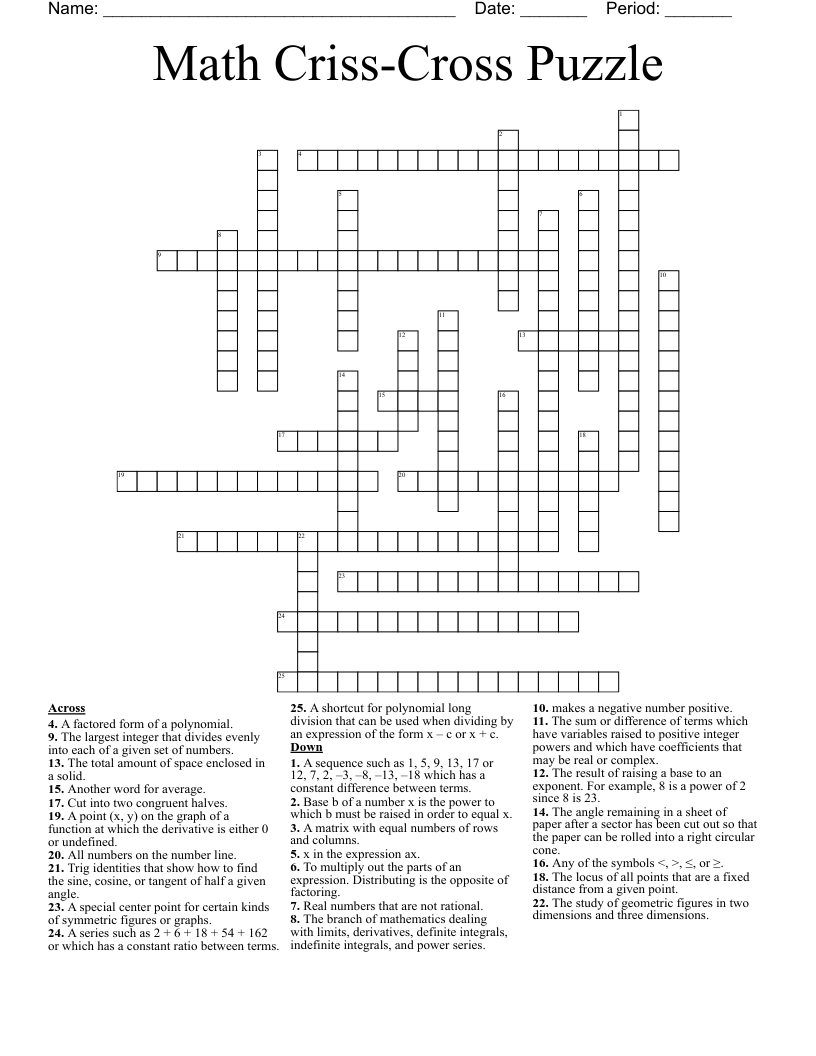 Math Criss Cross Puzzle Crossword WordMint