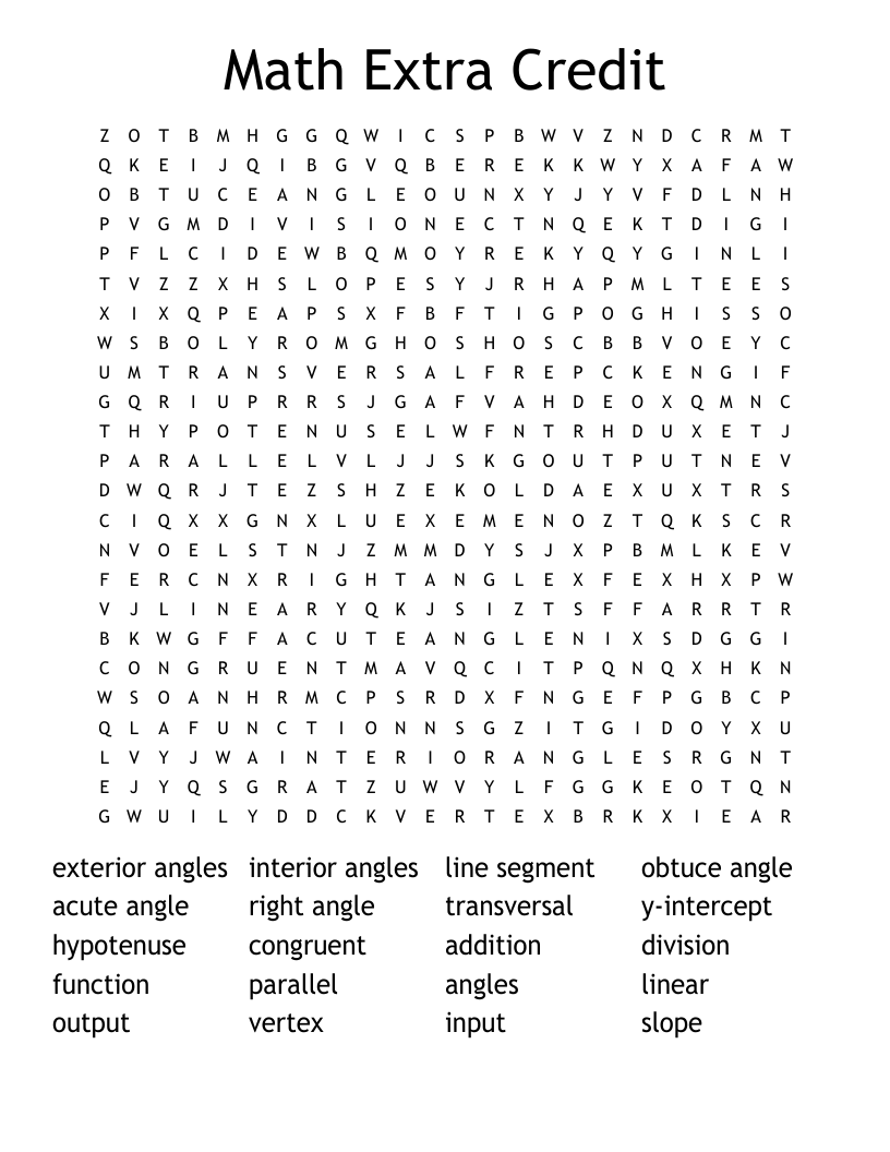 Math Extra Credit Word Search - WordMint
