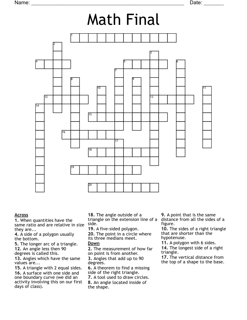 Math Final Crossword - WordMint
