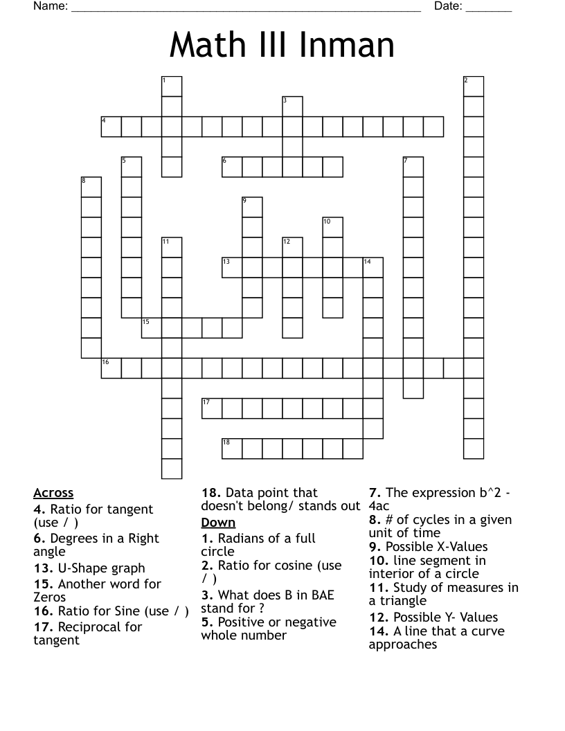 Math III Inman Crossword WordMint
