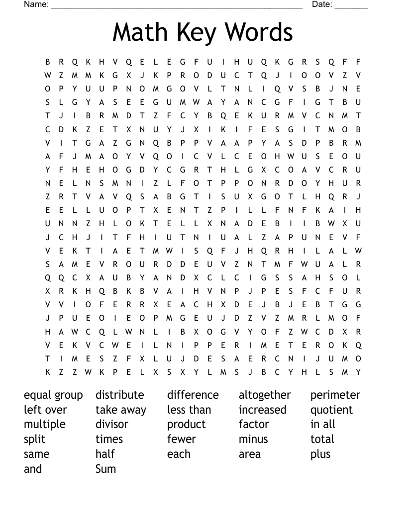 Math Key Words Word Search WordMint