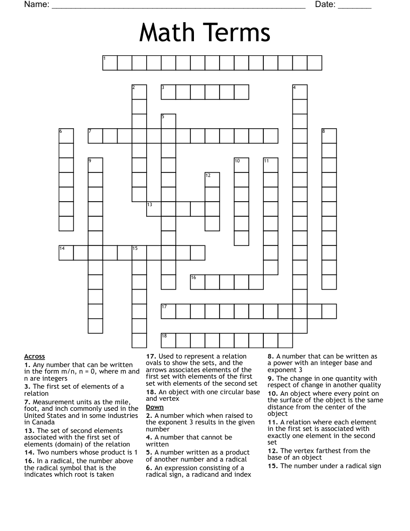 Math Terms Crossword - WordMint