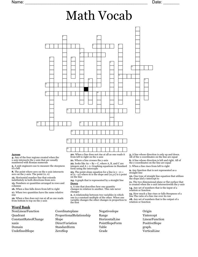 Math Vocab Crossword - WordMint