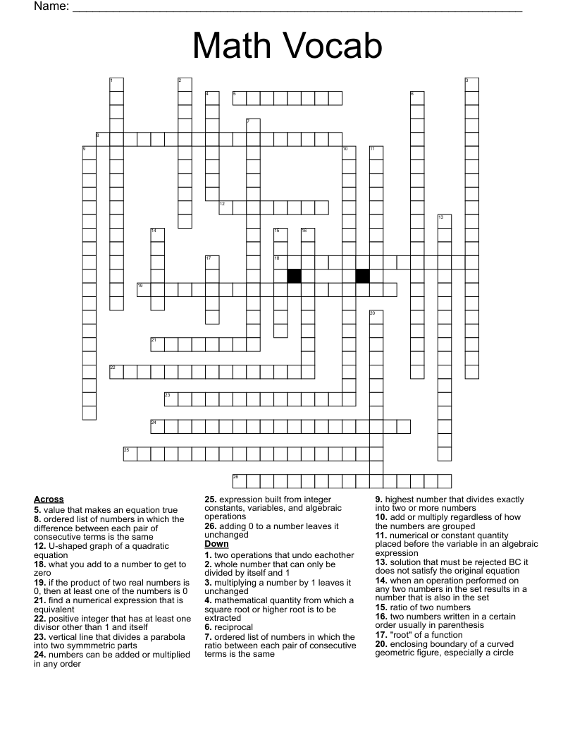 Math Vocab Crossword - WordMint