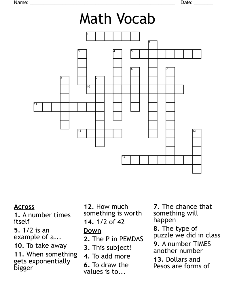 Math Vocab Crossword - WordMint
