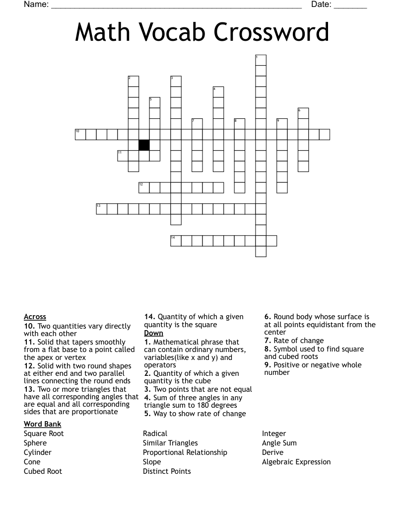 Math Vocab Crossword - WordMint
