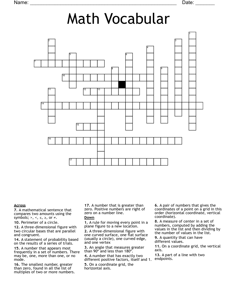 Math Vocabular Crossword - WordMint