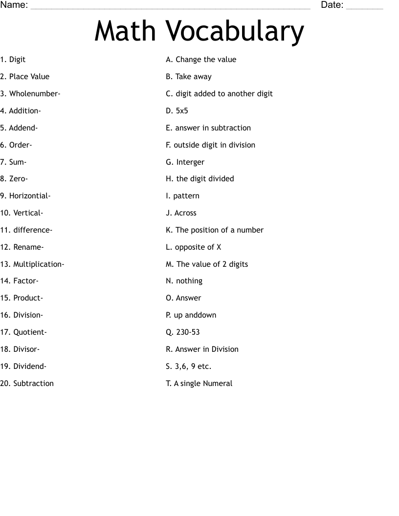 Math Vocabulary Worksheet WordMint