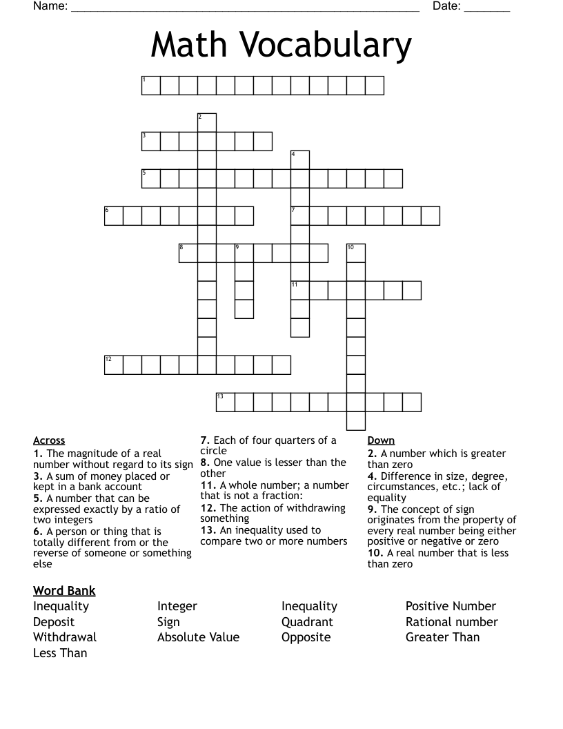 Math Vocabulary Crossword - WordMint