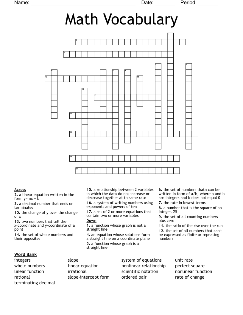 Math Vocabulary Crossword WordMint