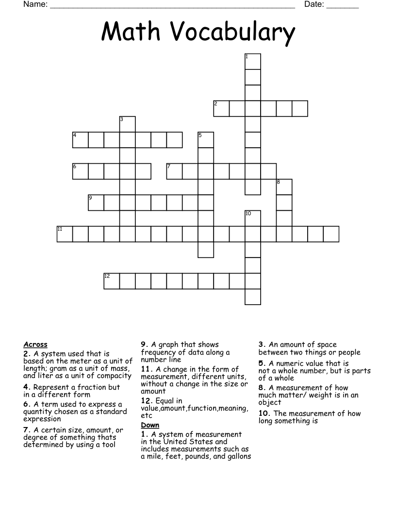 Math Vocabulary Crossword - WordMint