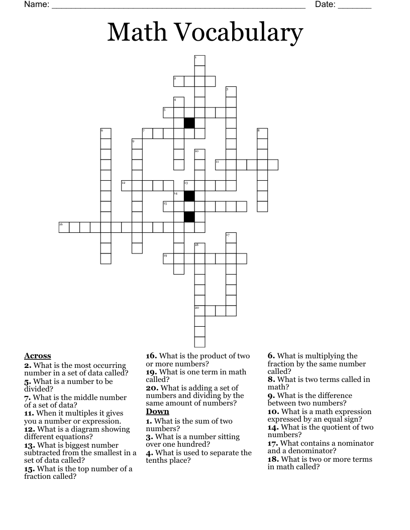 Math Vocabulary Crossword WordMint