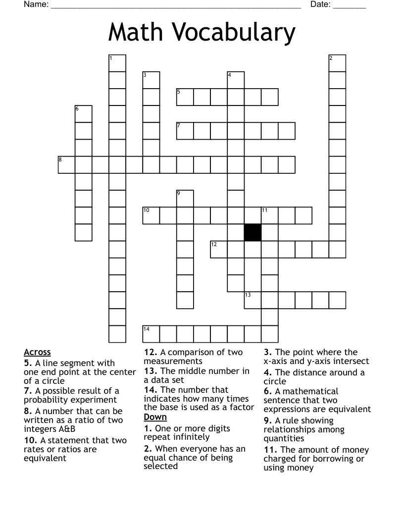 Math Vocabulary Crossword - WordMint