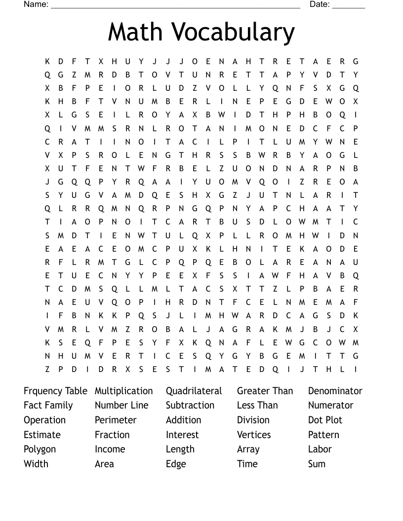 4th Grade Math Vocabulary Word Search WordMint