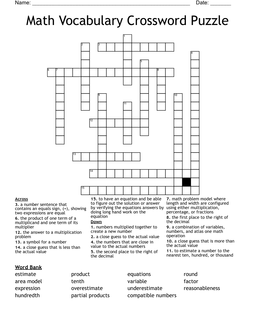 Math Vocabulary Crossword Puzzle Math Vocabulary Printable Crossword 
