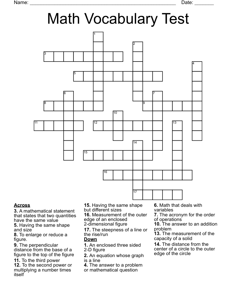 Math Vocabulary Test Crossword - WordMint
