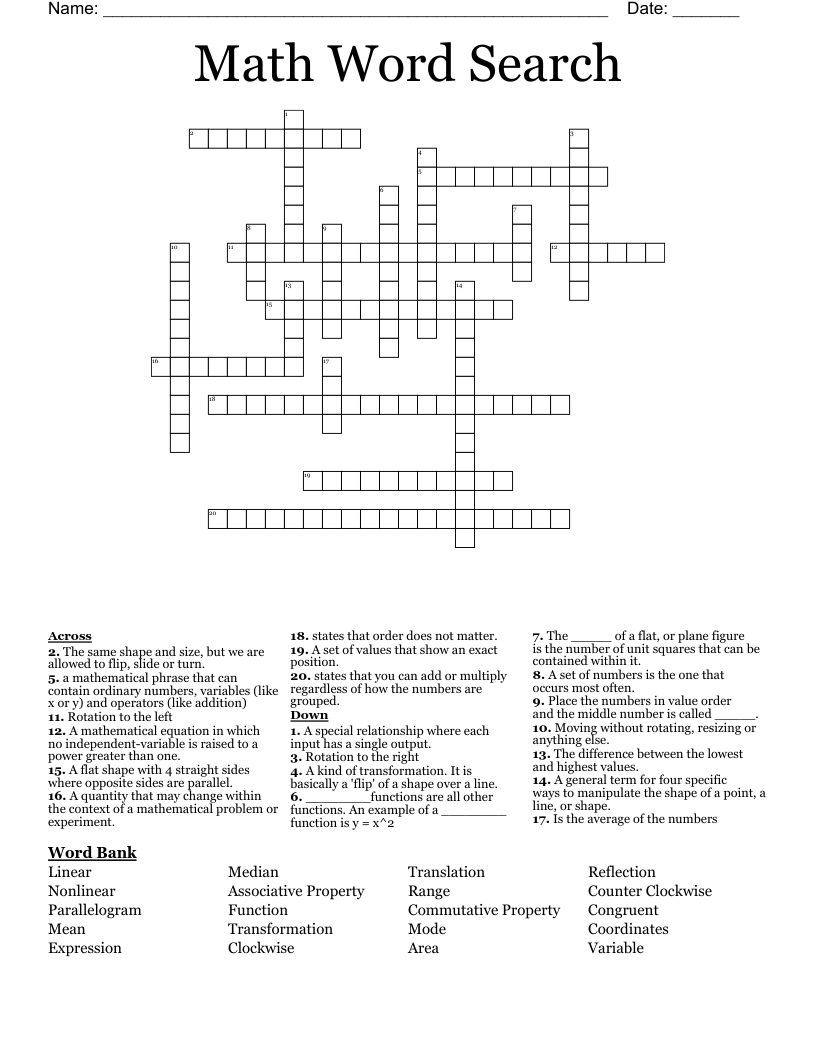 Math Word Search Crossword - WordMint