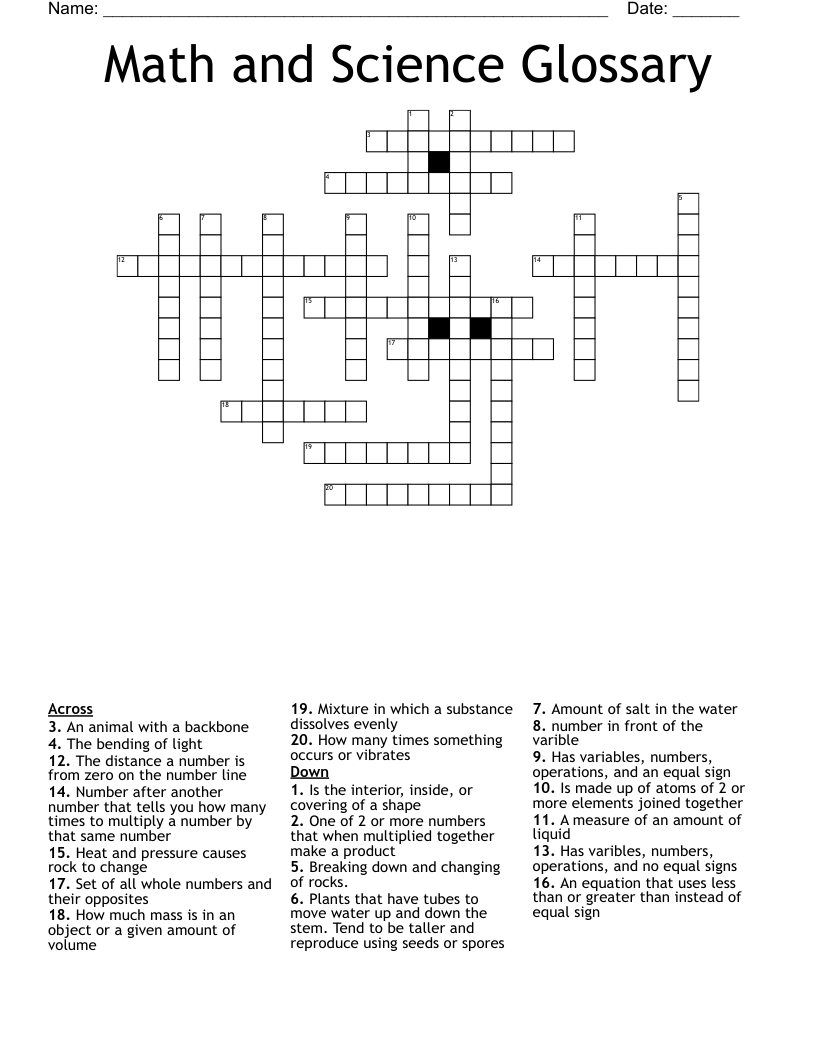 Math and Science Glossary Crossword - WordMint