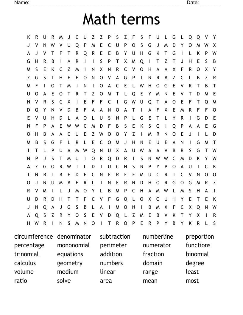 Math Terms Word Search WordMint