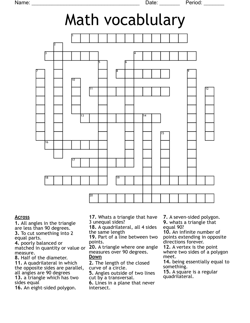 Math Vocablulary Crossword WordMint