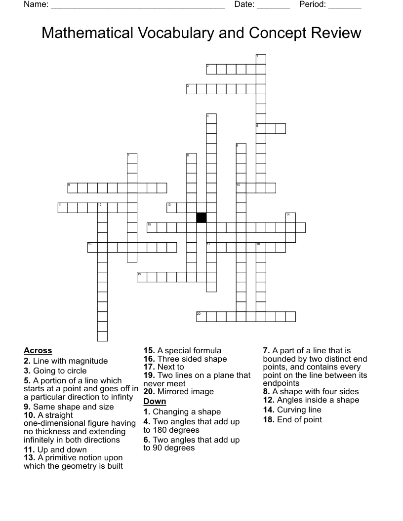 Mathematical Vocabulary and Concept Review Crossword - WordMint