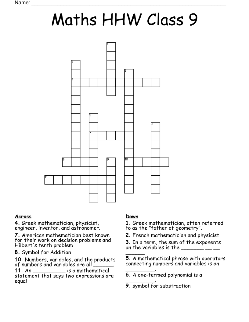 Maths HHW Class 9 Crossword WordMint
