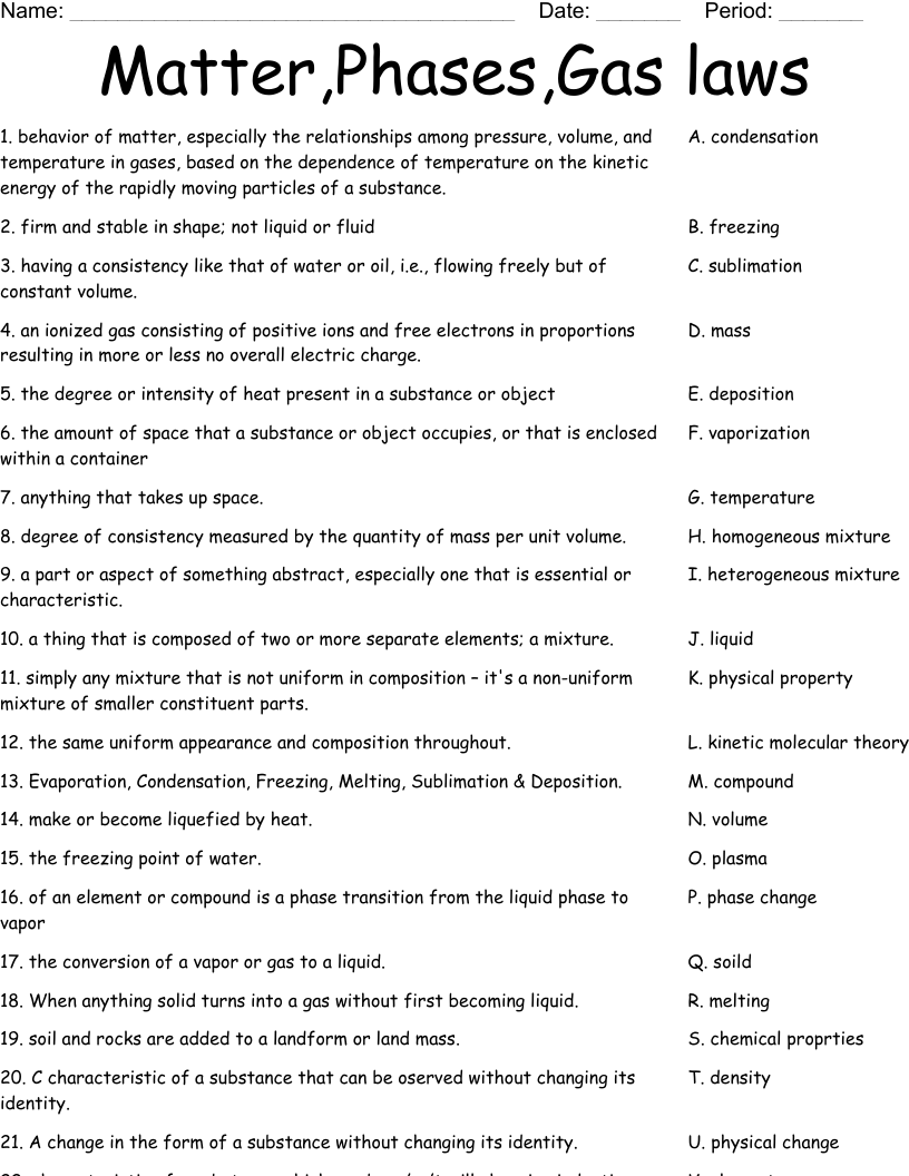 Matter,Phases,Gas laws Worksheet - WordMint
