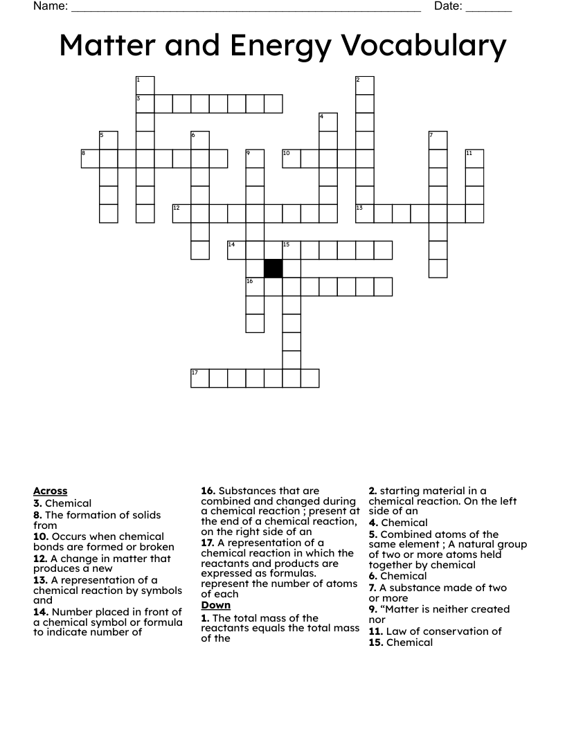 Matter and Energy Vocabulary Crossword - WordMint