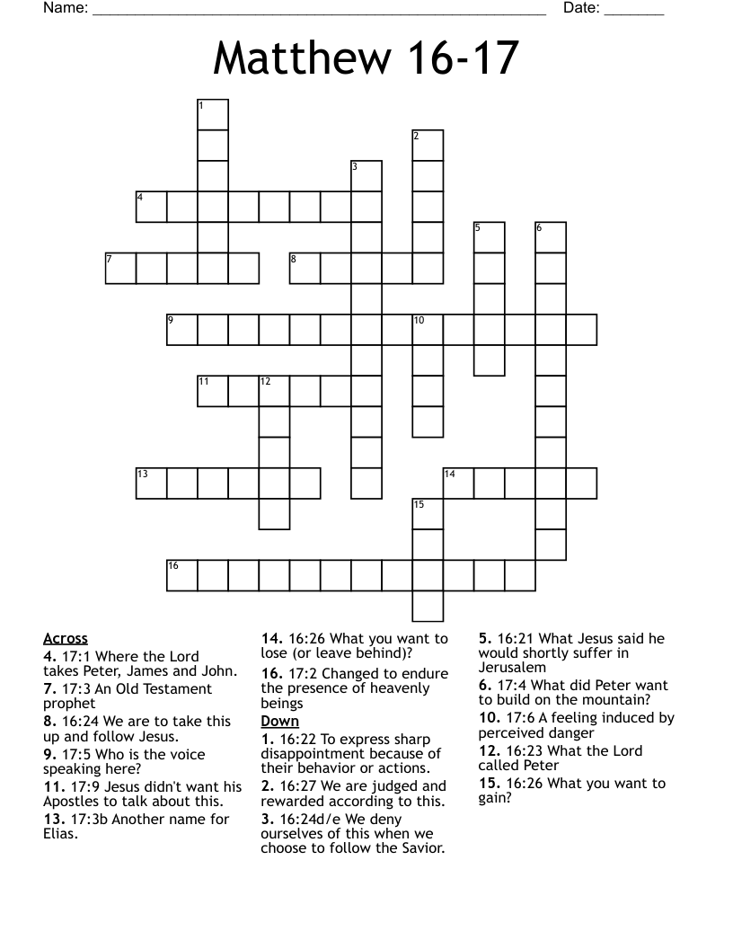 Matthew 16-17 Crossword - WordMint