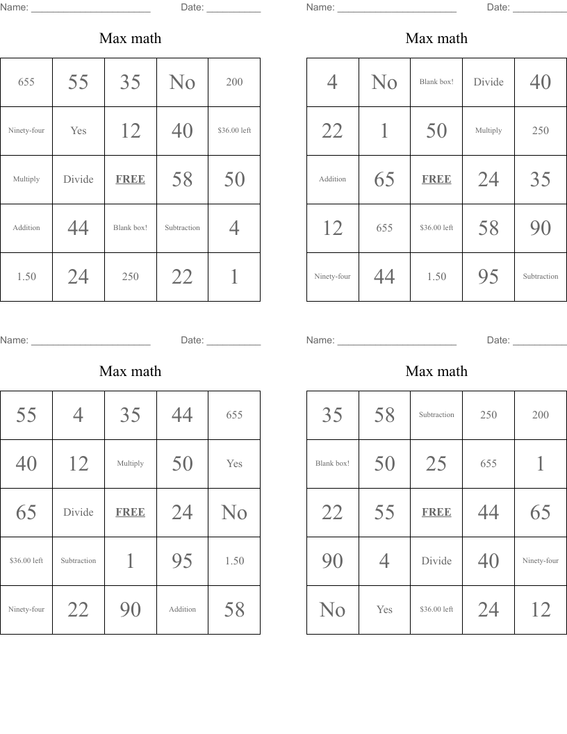 Max math Bingo Cards - WordMint