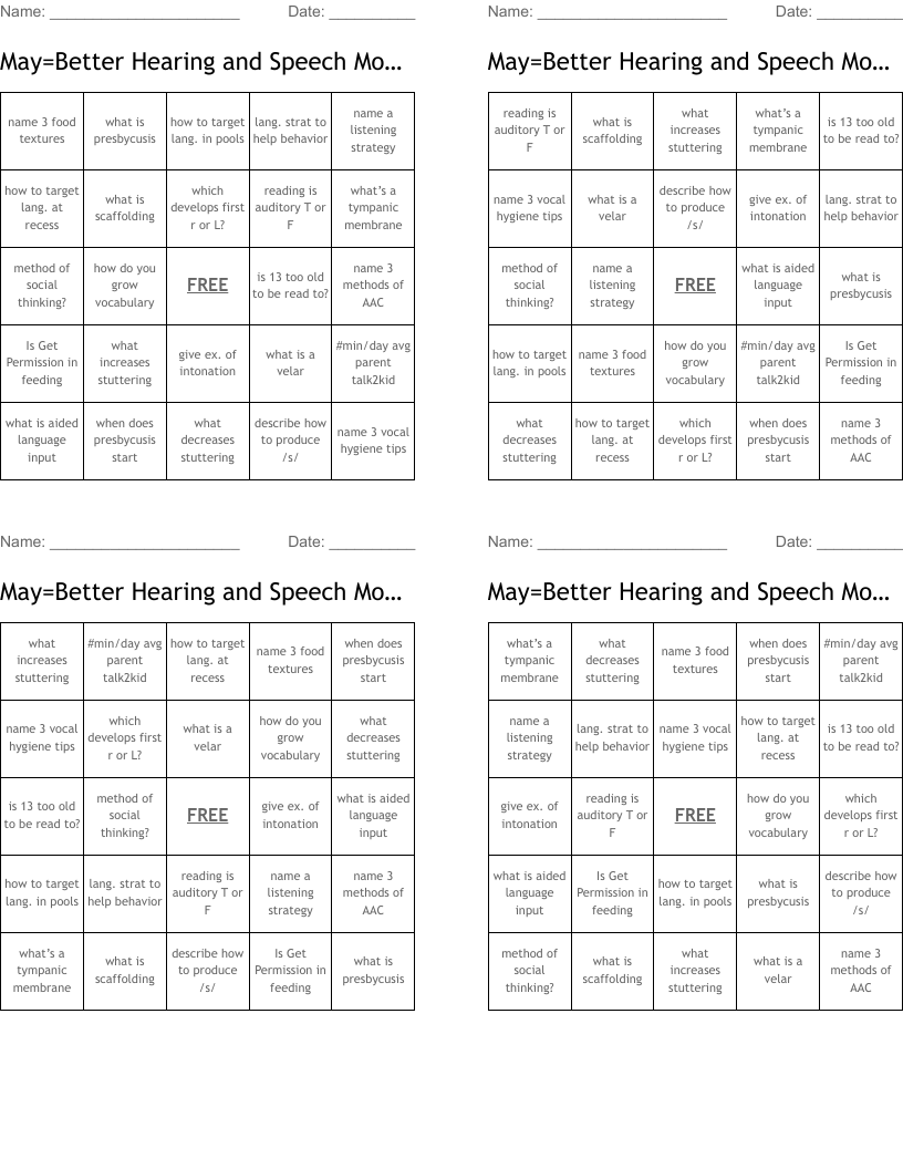 May=Better Hearing and Speech Month Bingo Cards - WordMint