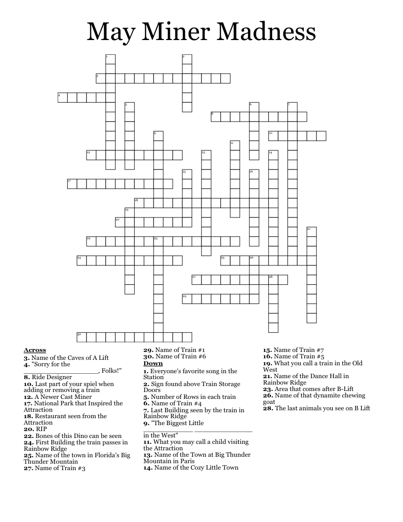 May Miner Madness Crossword - WordMint
