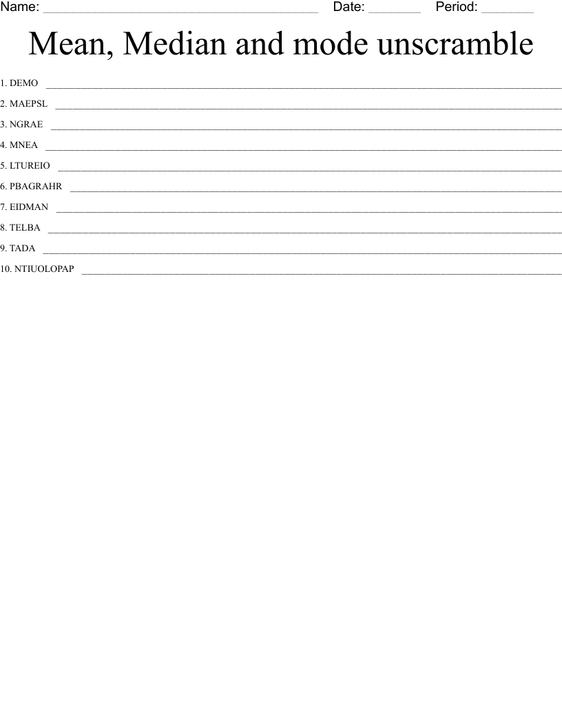 Mean, Median and mode unscramble - WordMint