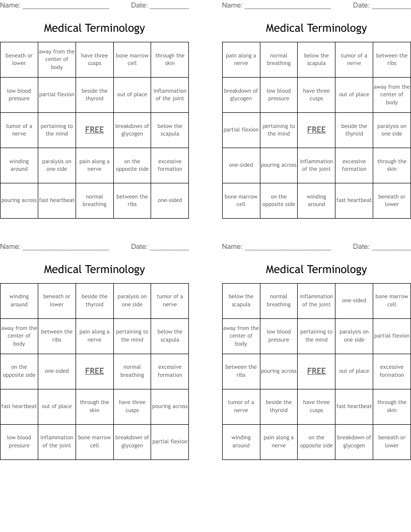 Medical Terminology Bingo Cards - WordMint