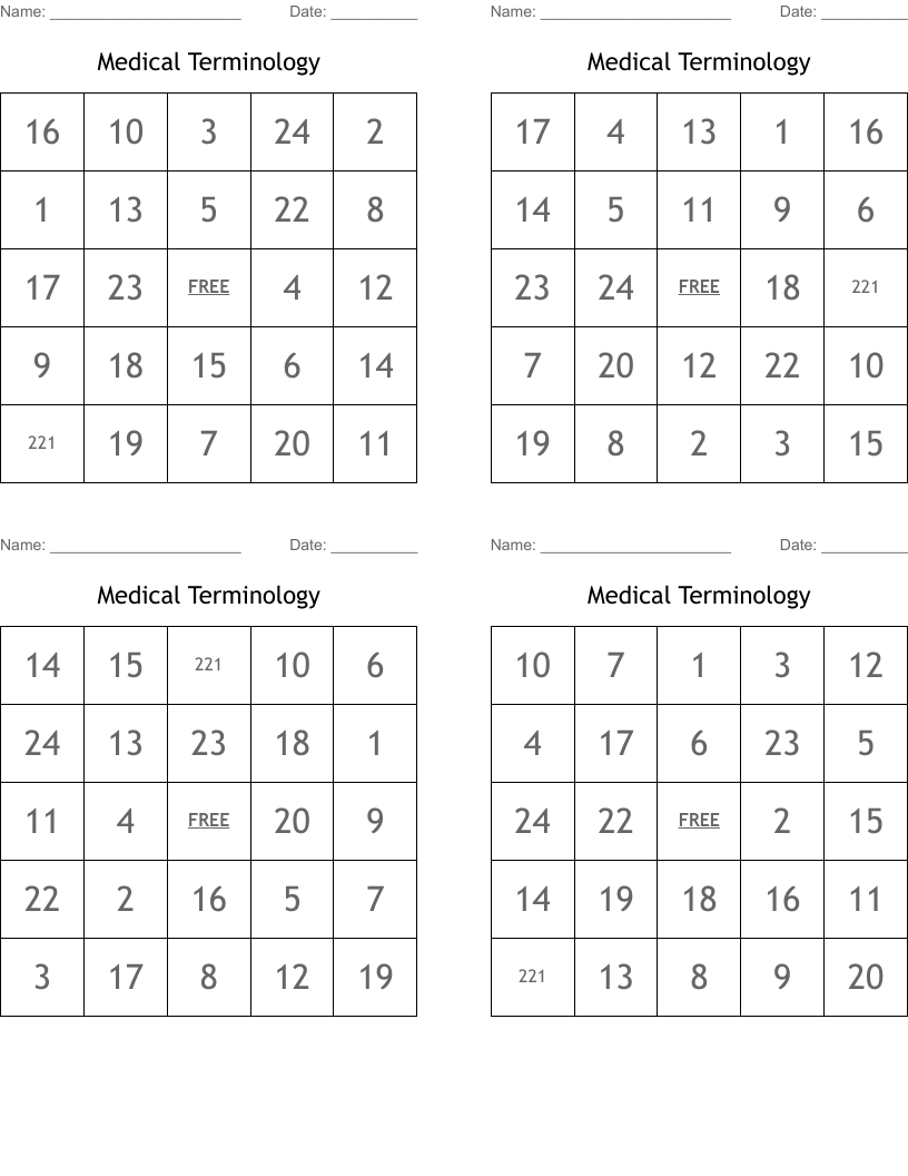 Medical Terminology Bingo Cards - WordMint