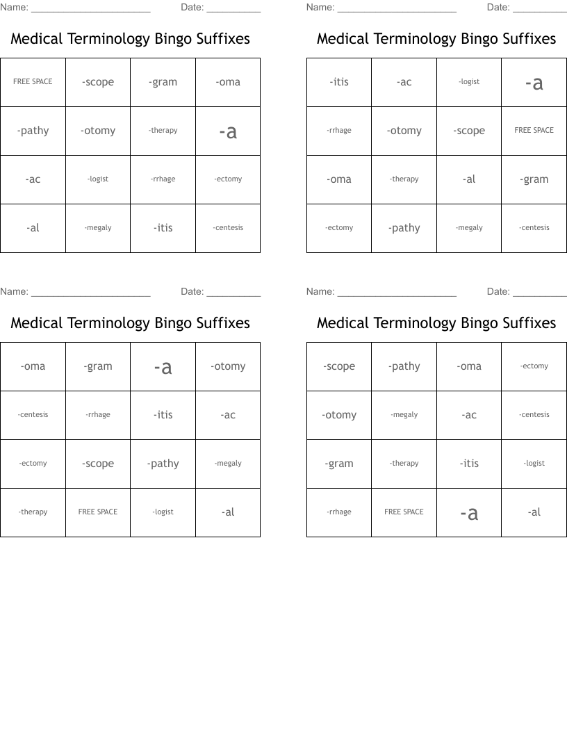 Medical Terminology Bingo Suffixes - WordMint