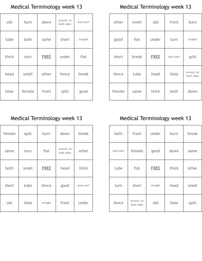 Medical Terminology week 13 Bingo Cards - WordMint