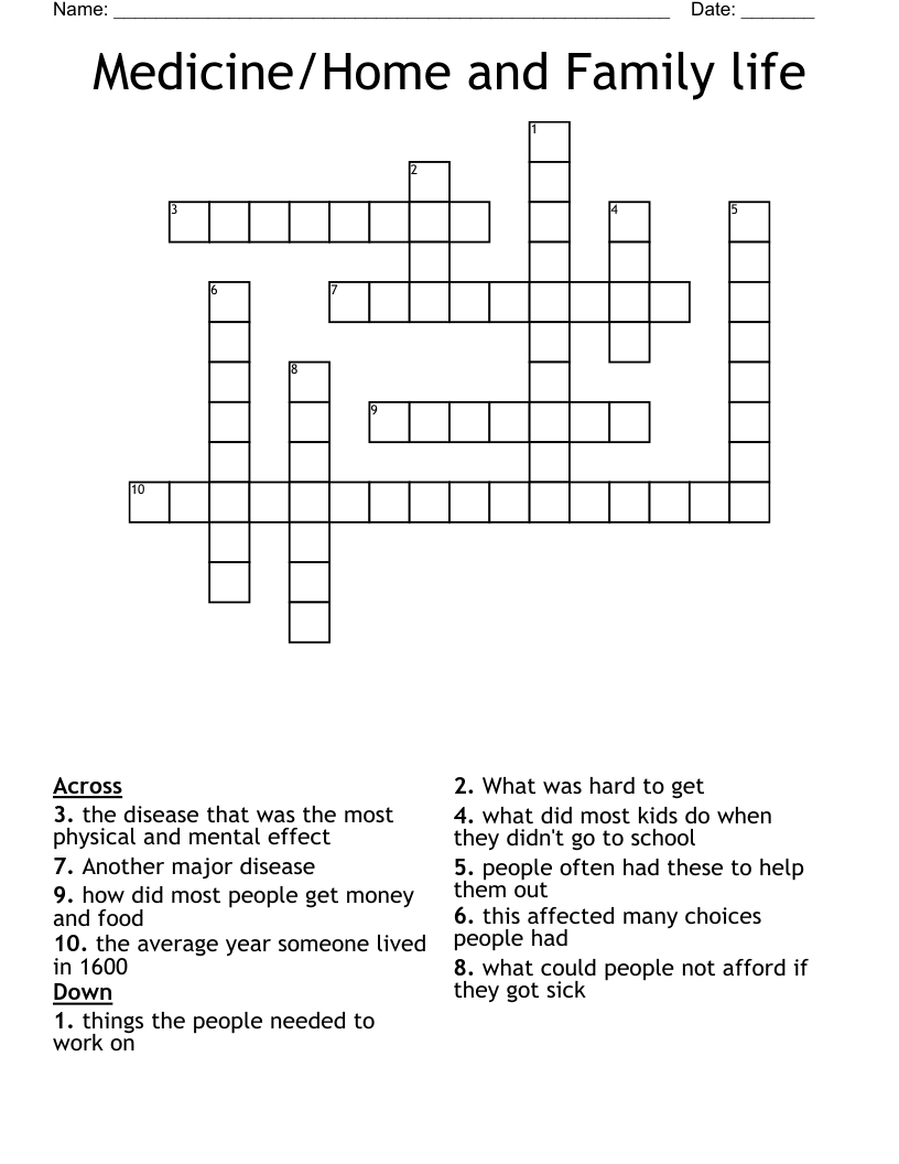 Medicine/Home and Family life Crossword - WordMint