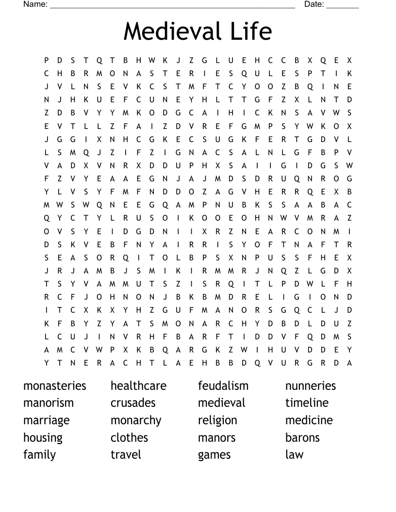 Medieval Life Word Search - WordMint