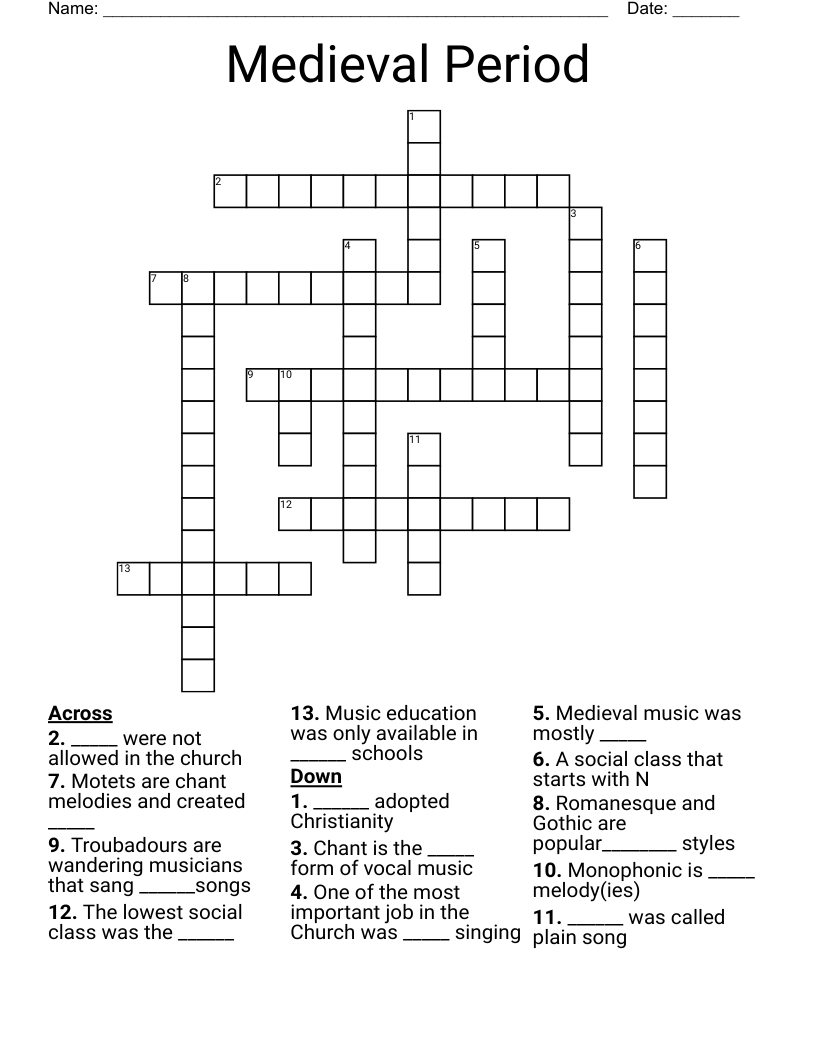 Medieval Period Crossword - WordMint